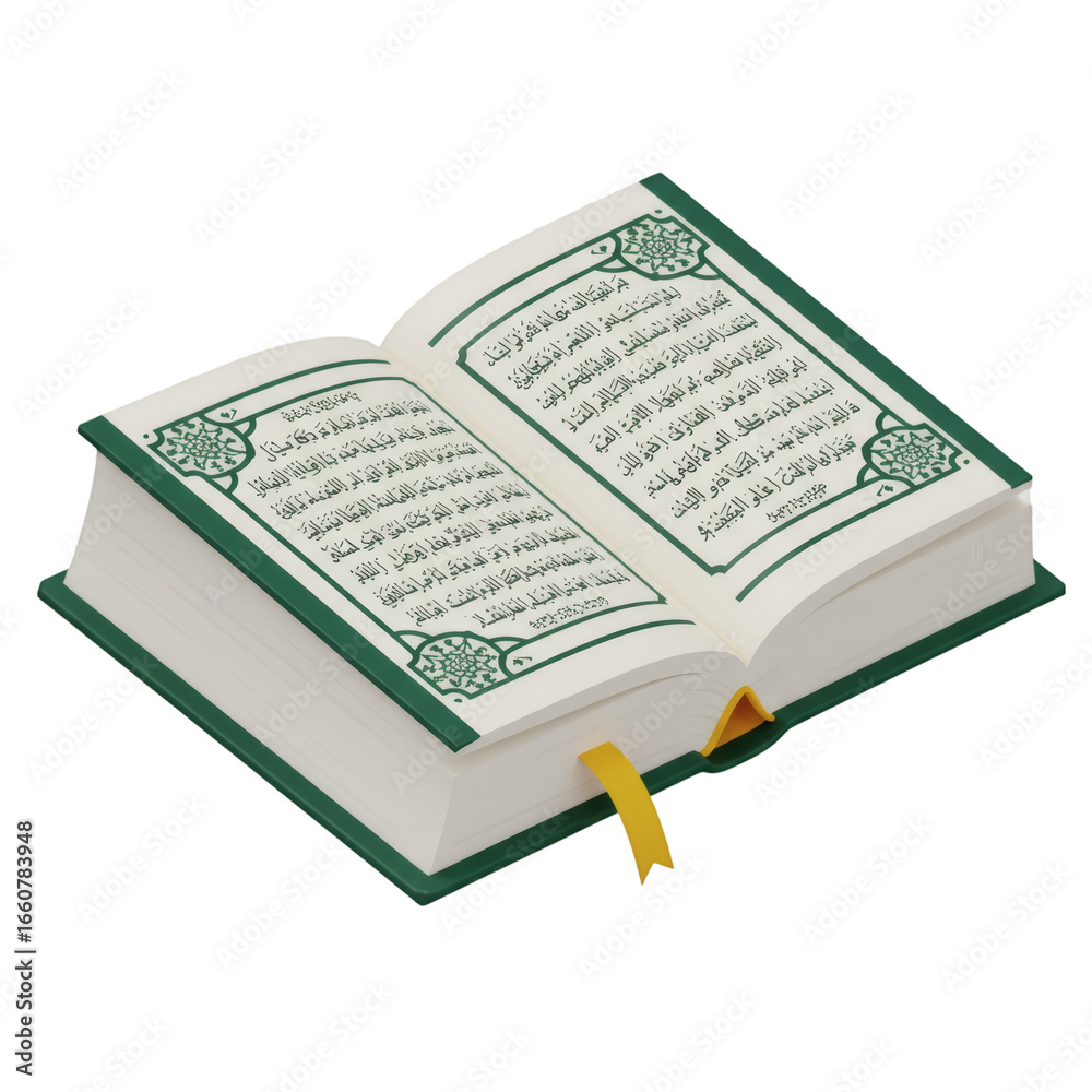 Open Quran with green cover and yellow bookmark, displaying Arabic text ...