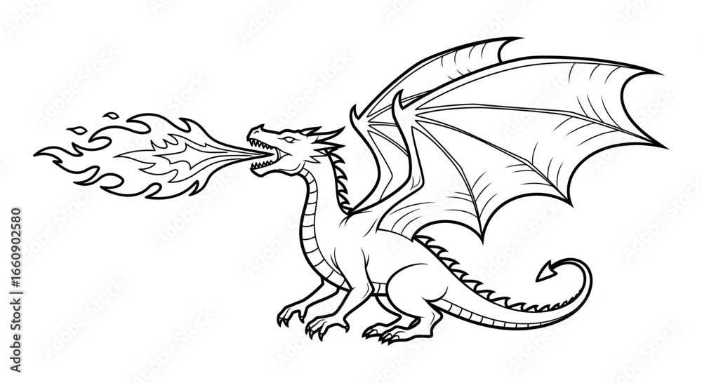 Fire-breathing fantasy dragon line art illustration, mythical creature ...