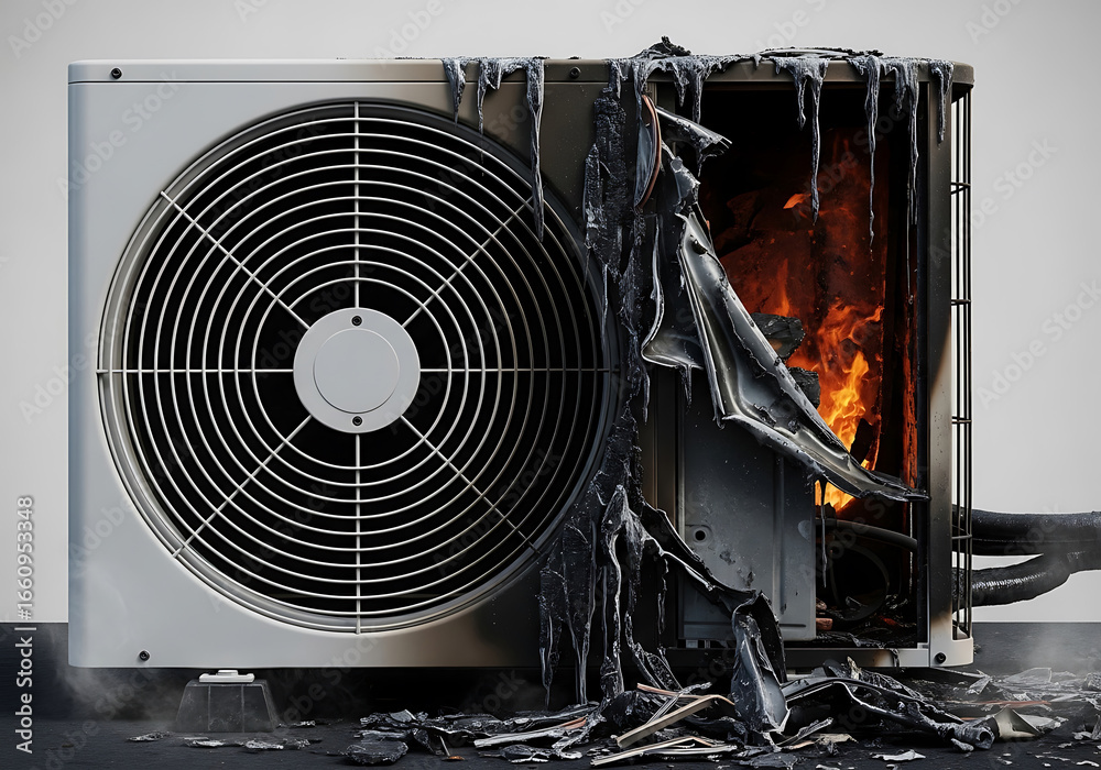 Damaged and burnt air conditioner unit showing fire and electrical ...