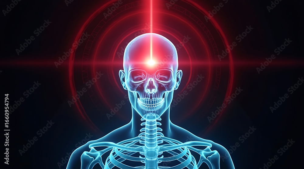 Transparent human skeleton with glowing red energy focused on the head ...