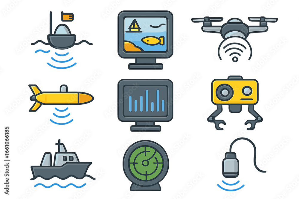 Stock-Vektorgrafik „Marine technology icons set, underwater drone ...