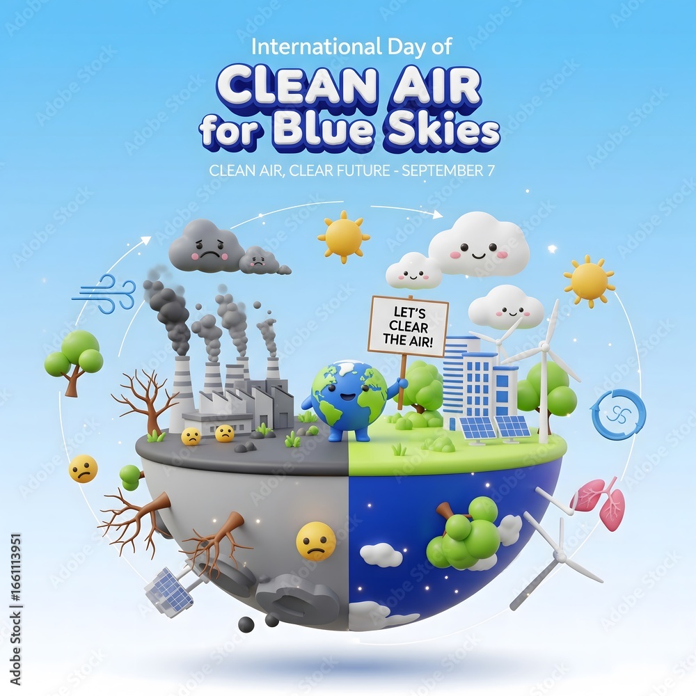 Illustration of a divided earth showing pollution and clean air for ...