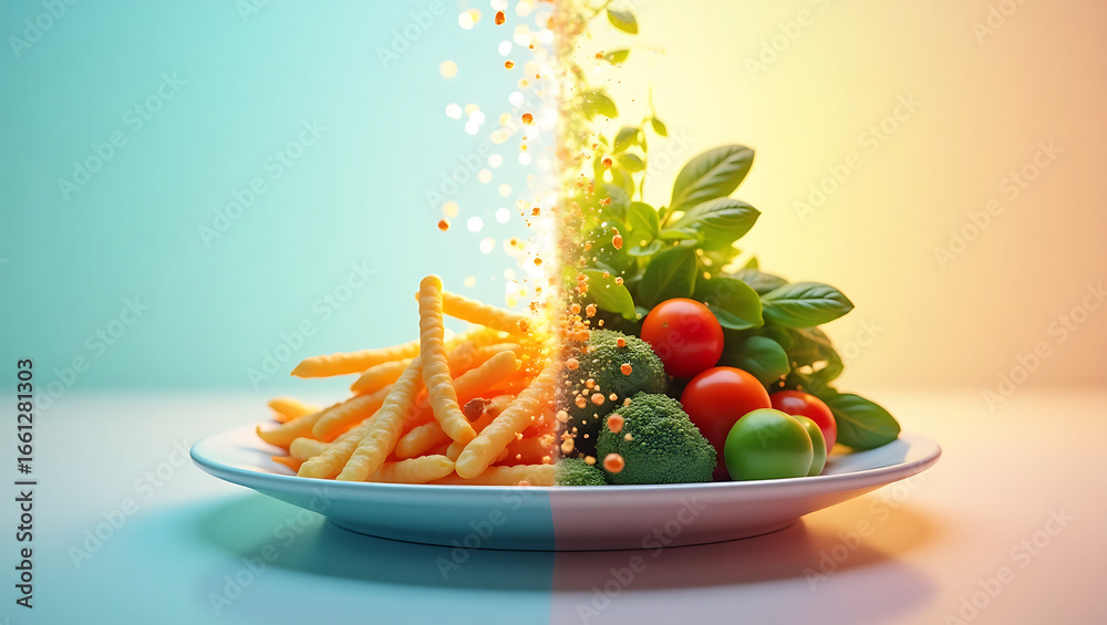 Artistic 3D transformation concept, a plate split into two halves: one ...