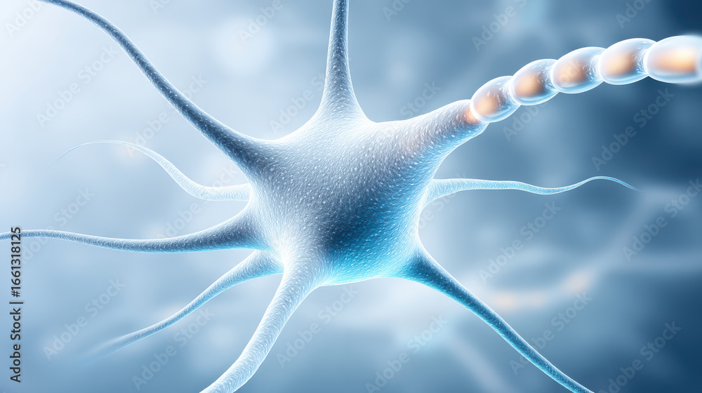 Brain neuron cell with axon and dendrites in blue background showing ...