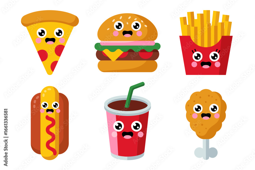 Fast food combo vector, burger pizza fries hot dog drink donut, kawaii ...