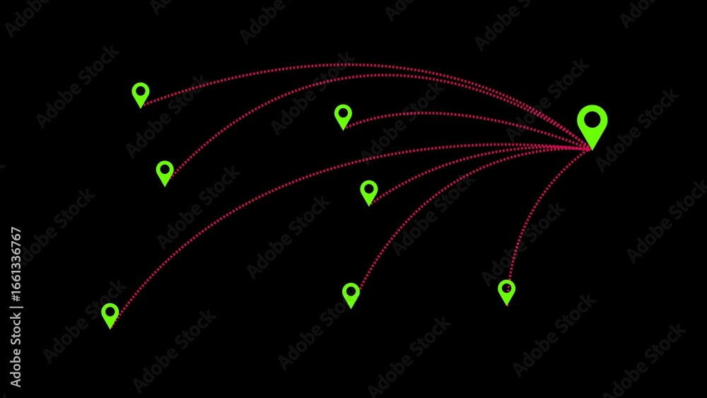 Green Location Pins Connected by Red Dotted Lines on Black Background ...