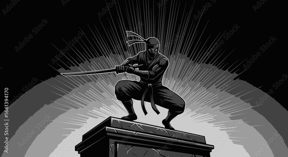 Ninja warrior poised for action with katana sword in striking ...