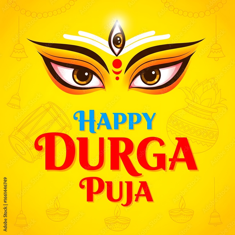 Happy Durga Puja festival greeting card with Goddess Durga eyes ...