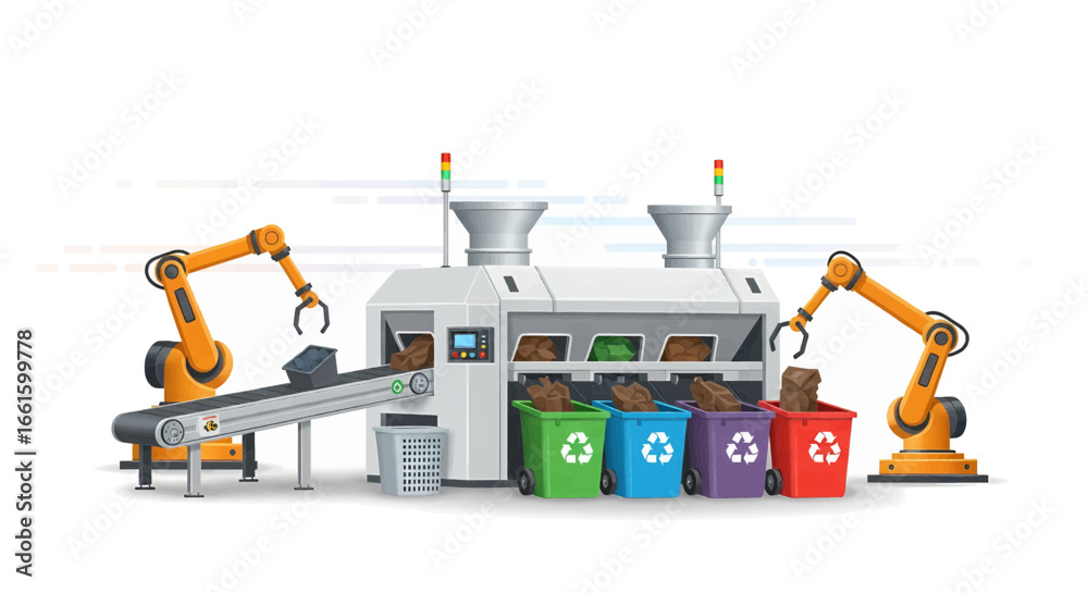 Automated industrial recycling system with robotic arms sorting waste into colored bins ...