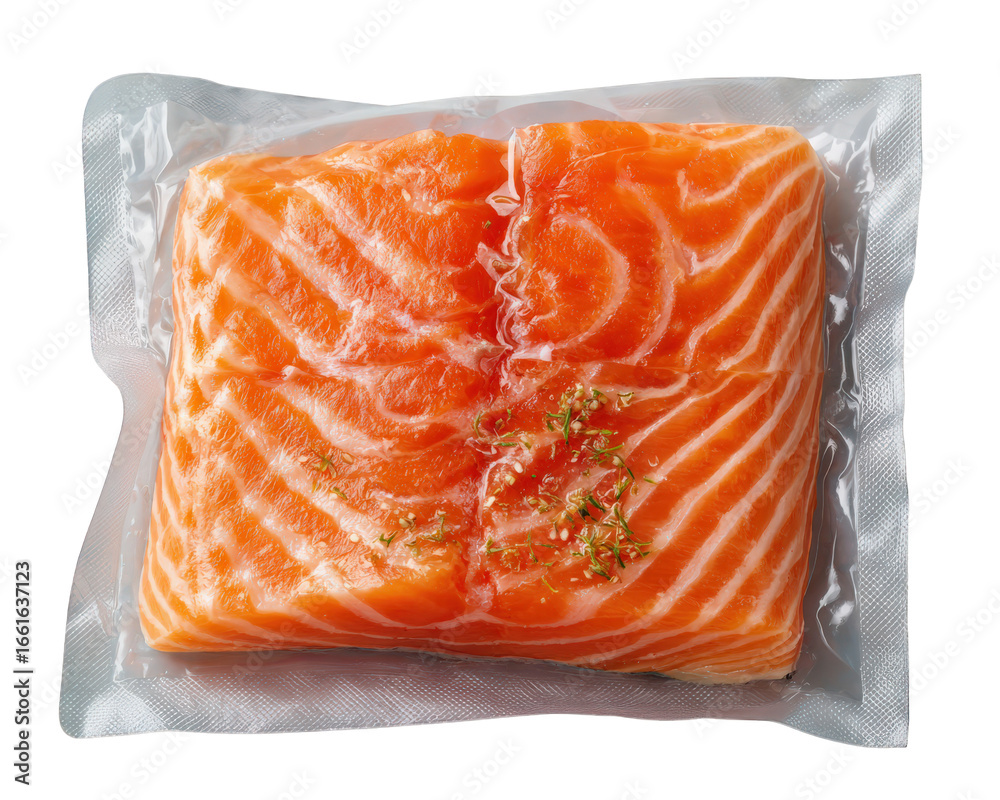 Fresh salmon fillet, vacuum sealed in transparent plastic packaging ...