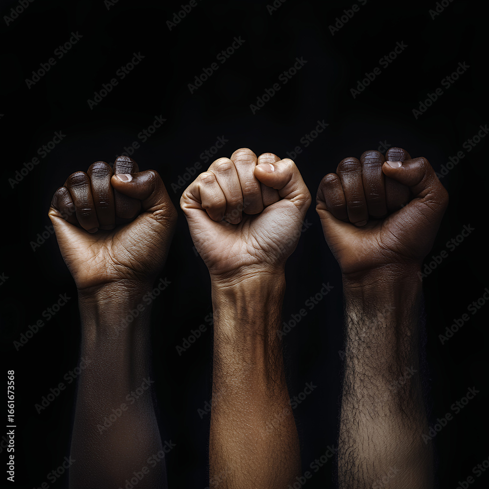 Multiple raised fists (different skin tones) in a protest for equality ...