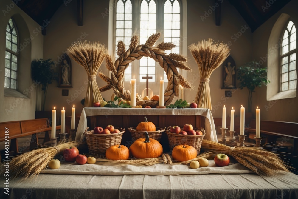 Erntedank Altar with Harvest Crown and Produce Stock Photo | Adobe Stock