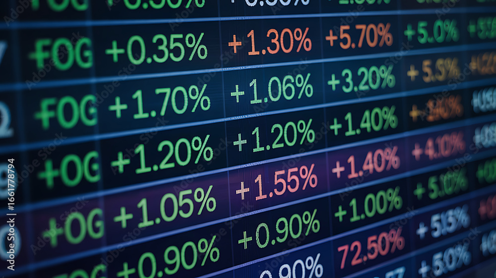 Stock market chart showing prices and financial data on digital display ...