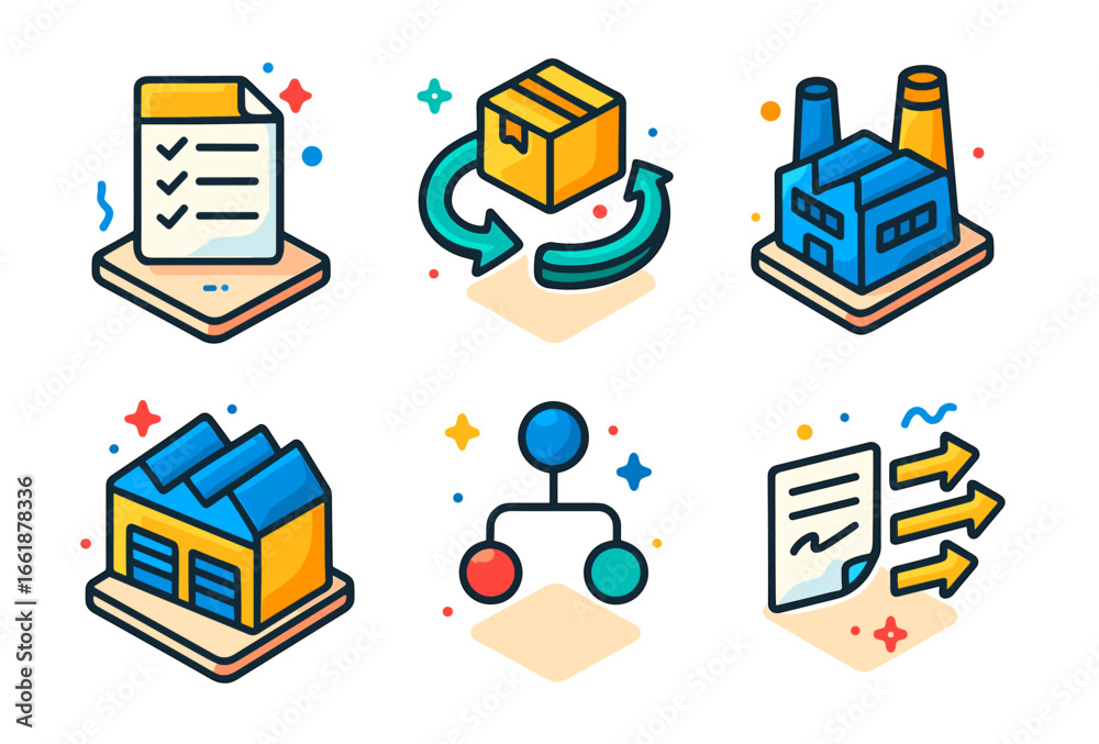 Supply chain and manufacturing icons with factory, package, and ...
