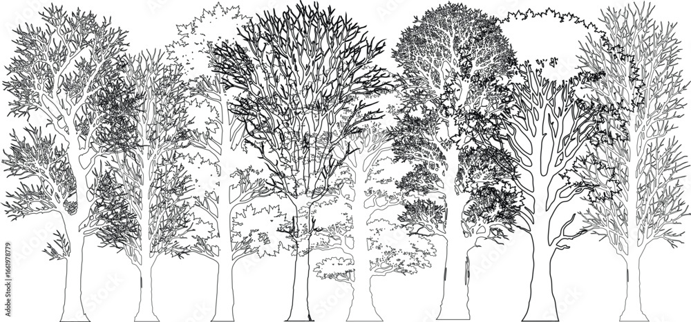 Minimal style cad tree line drawing, Side view, set of section wetland ...