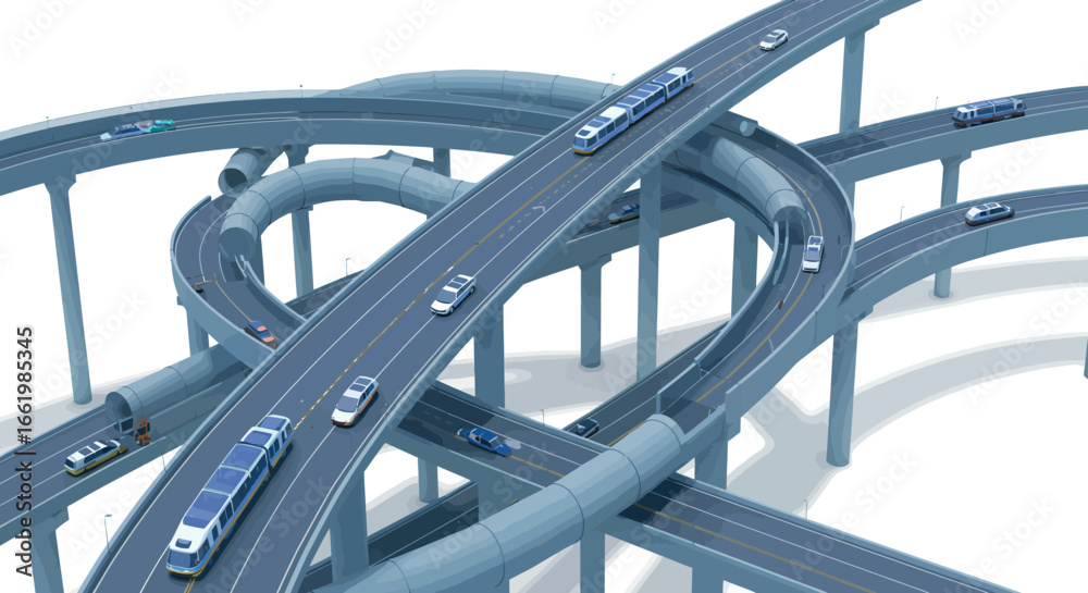 Modern elevated highway interchange with traffic in isometric urban ...