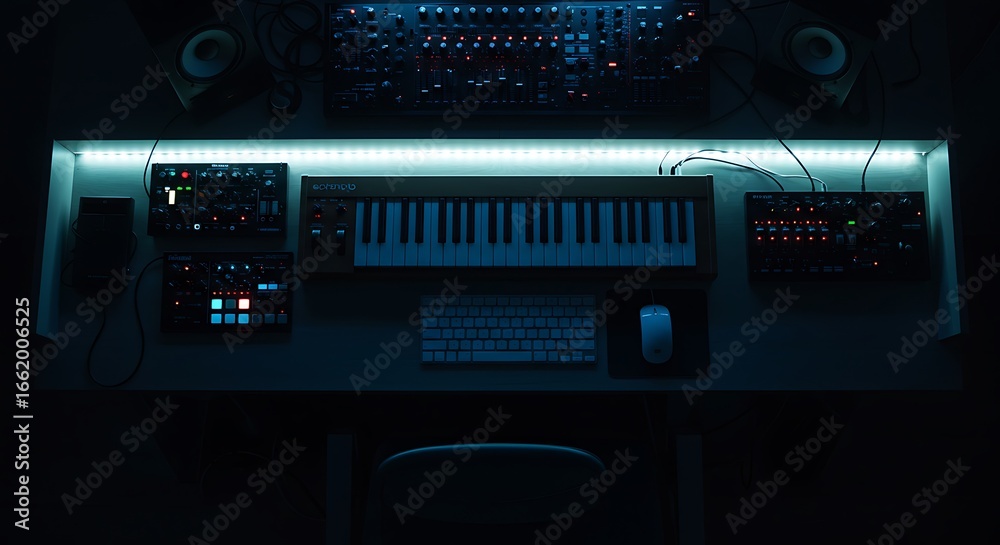 Music Production Studio Equipment with Keyboard Synthesizer and Digital ...