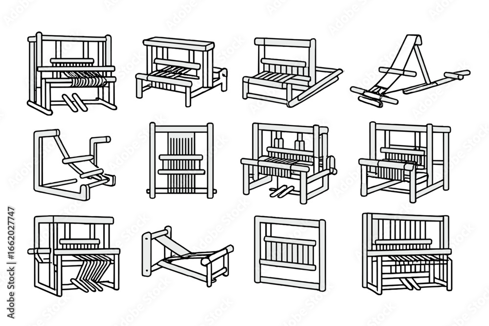 Loom Icons Collection. Line style icons of loom types: floor loom ...