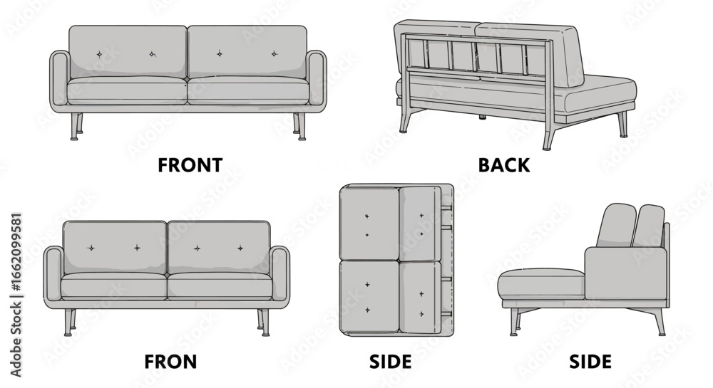 sofa illustration showcasing a modern sofa from front back and side ...