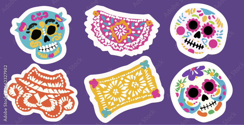 Seis stickers para el dia de muertos papel picado y calaveritas de ...