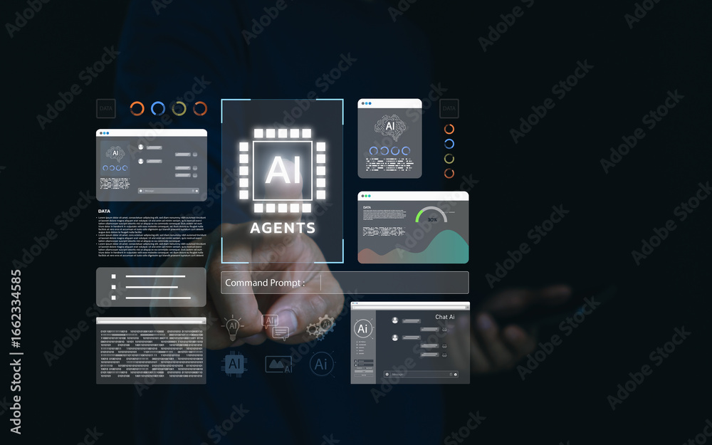 Futuristic interface with AI agents, data analysis, chatbot UI, and command prompt. Concept of ...