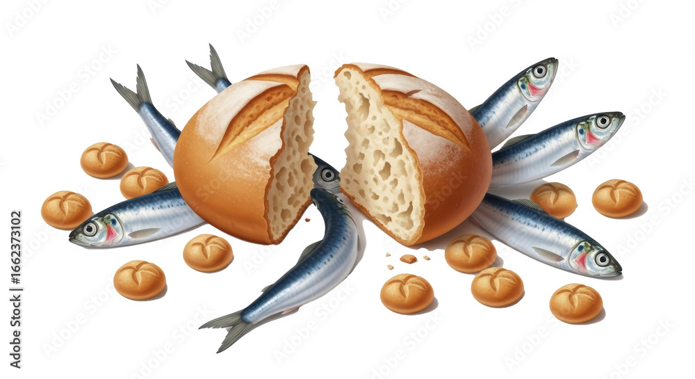 Five loaves and two fish illustration for bible story miracle of loaves ...