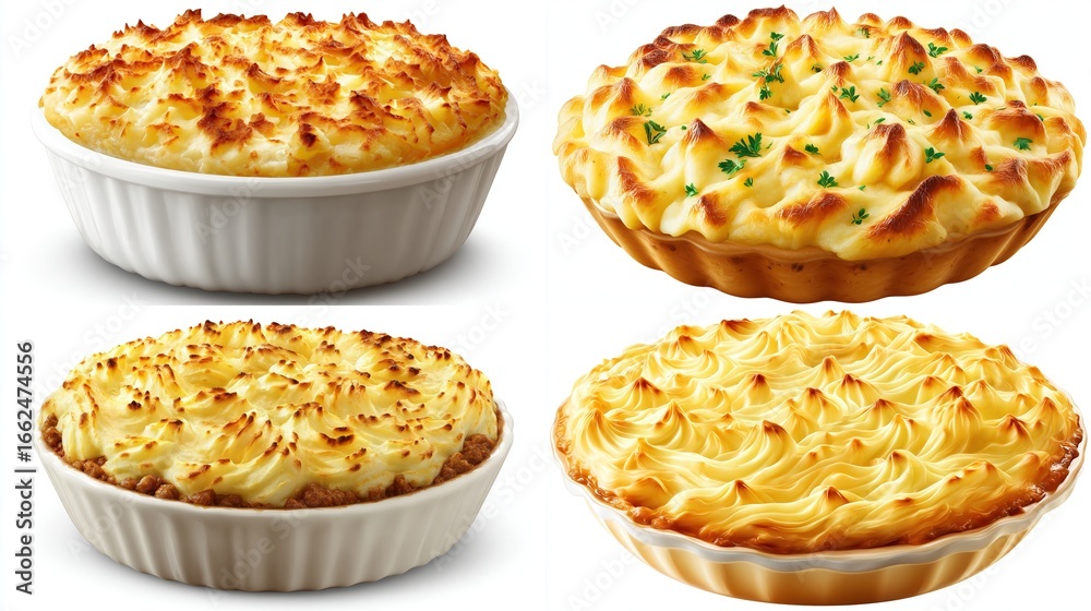 Four variations of shepherd's pie, showcasing different dish shapes and ...