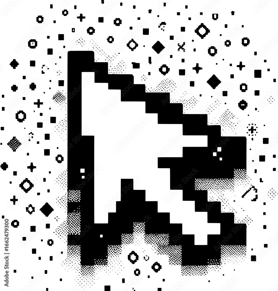 Pixelated computer mouse cursor with a dynamic explosion of geometric ...