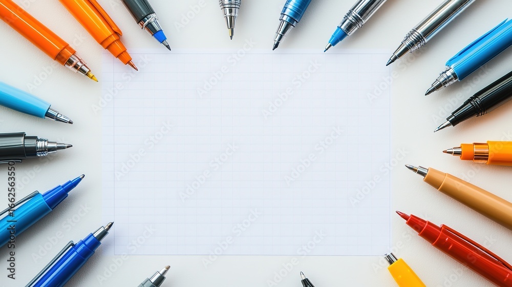 Elegant layout of pens in various colors and types positioned around ...