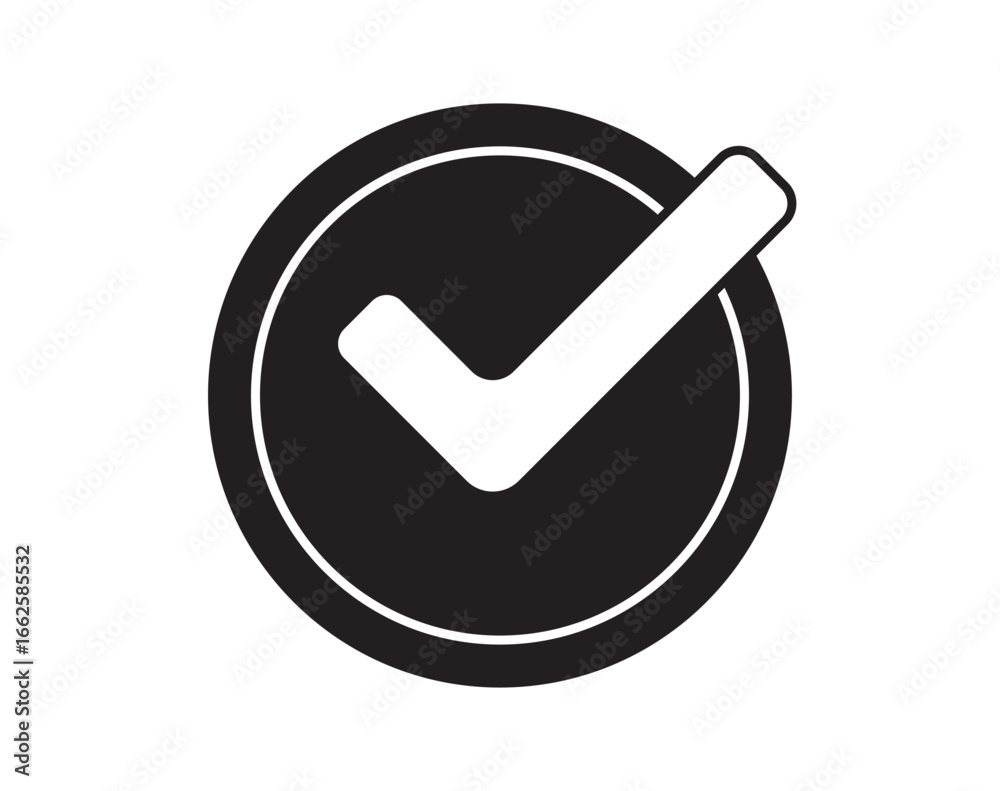 Black silhouette vector illustration of check mark inside circle.Check ...