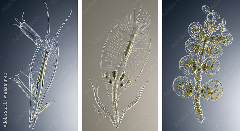 Microscopic phytoplankton blooms diverse shapes and structures under a ...