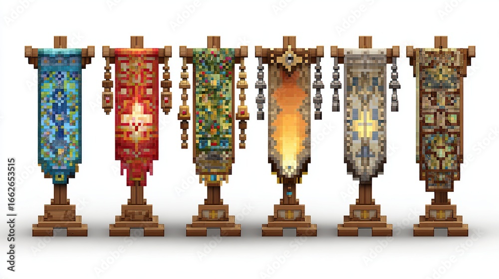 Six pixel art banners, varying in color and design, hang from wooden ...