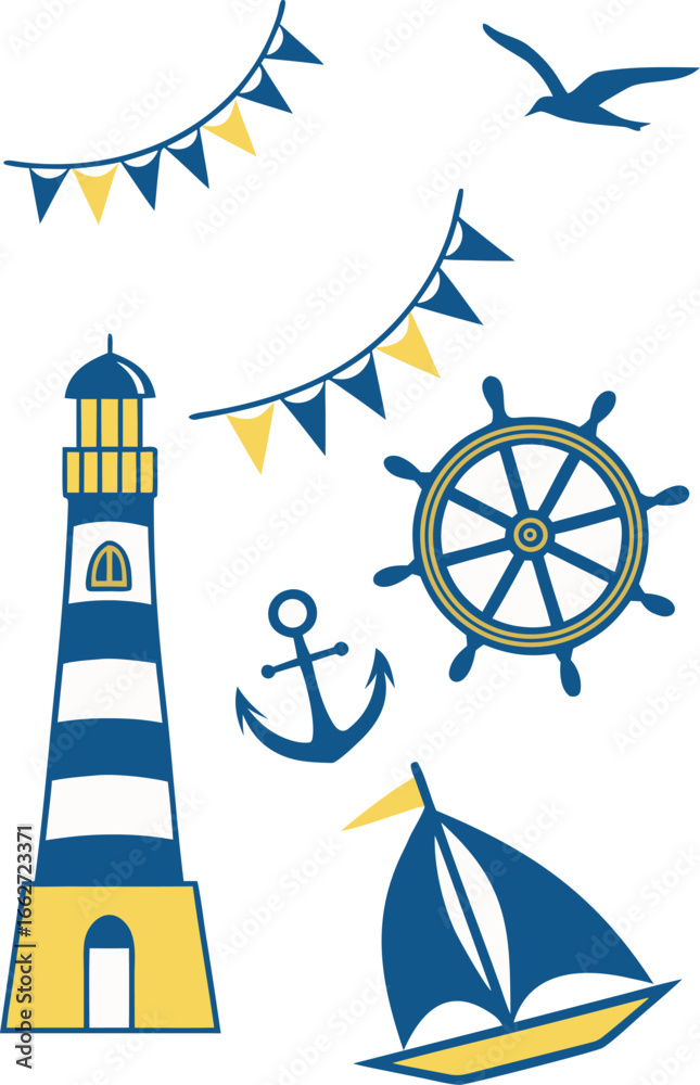 Vector of Nautical themed illustration featuring lighthouse sailboat ...