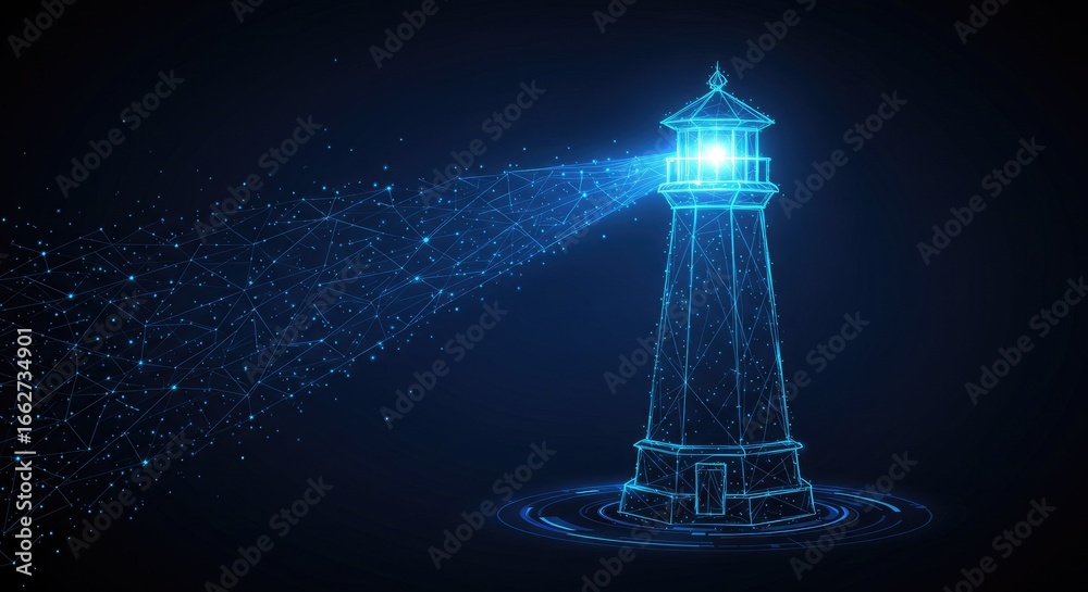 Abstract digital lighthouse with glowing beam on dark blue tech ...