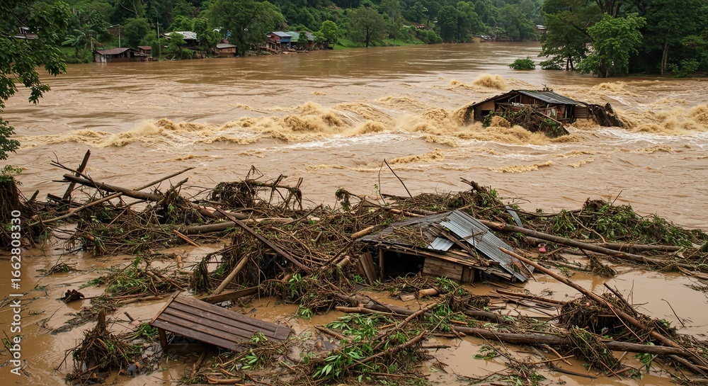 Devastating floodwaters rushing through a rural village, submerging ...