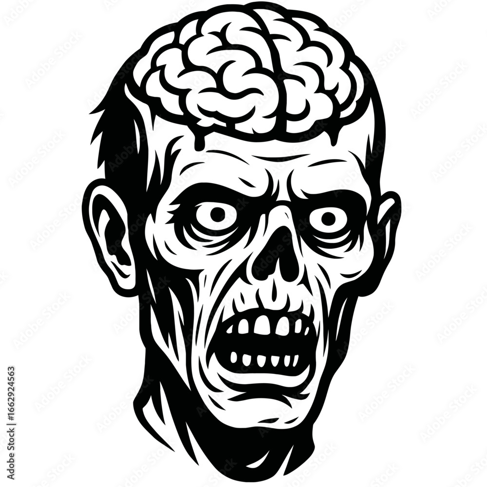 A classic zombie head with an exposed brain, a gruesome and detailed ...