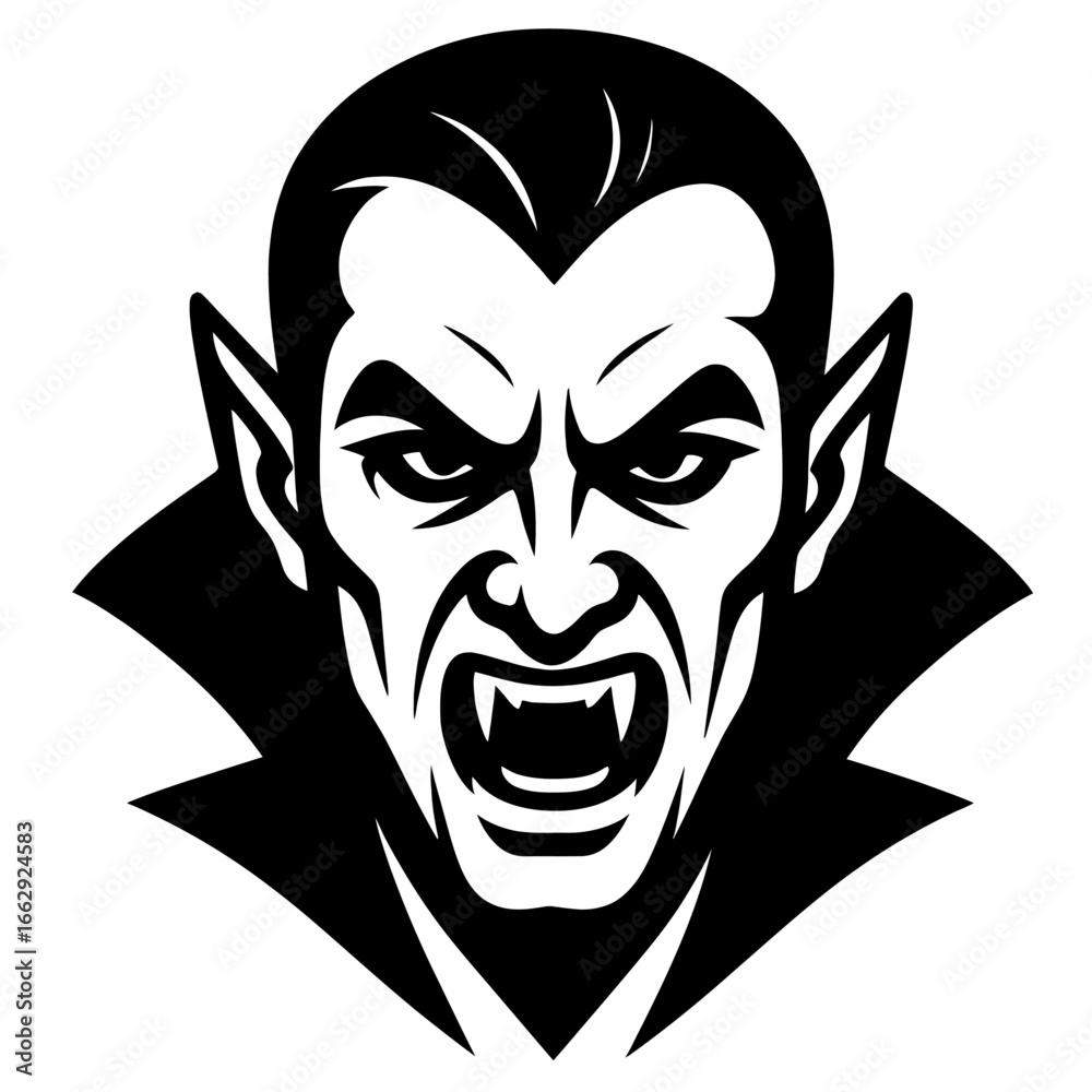 A ferocious vampire face with sharp fangs and angry eyes, a classic ...