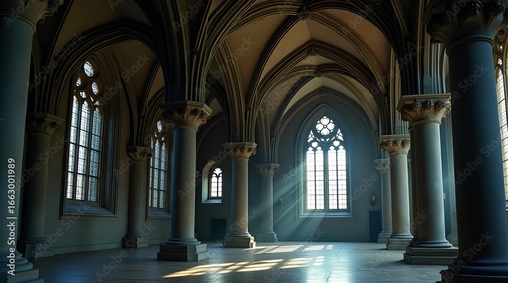 Majestic Gothic hall with high vaulted ceilings and stone columns, sunlight streaming through ...