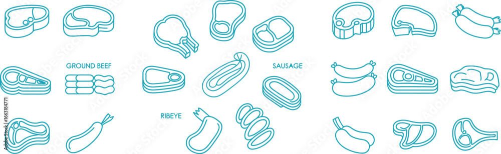 Turquoise Outlined Meat Cuts Sirloin, Sausage, Ground Beef, Ribeye on ...