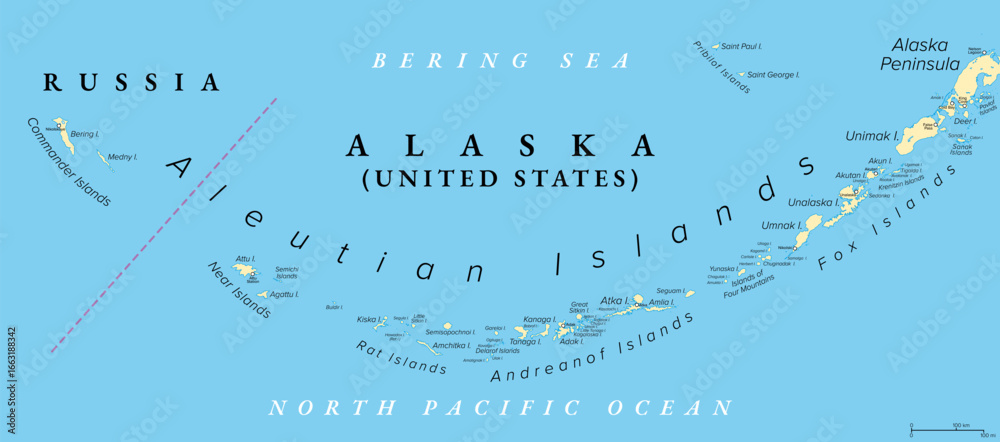 Aleutian Islands, political map. Most of the archipelago belong to the ...