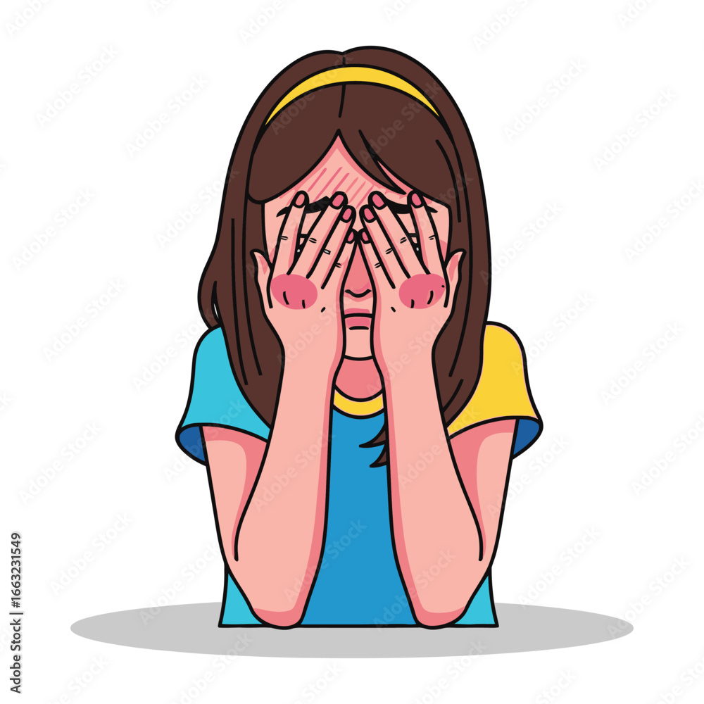 Embarrassed girl hiding face: A young girl hides her face behind her ...