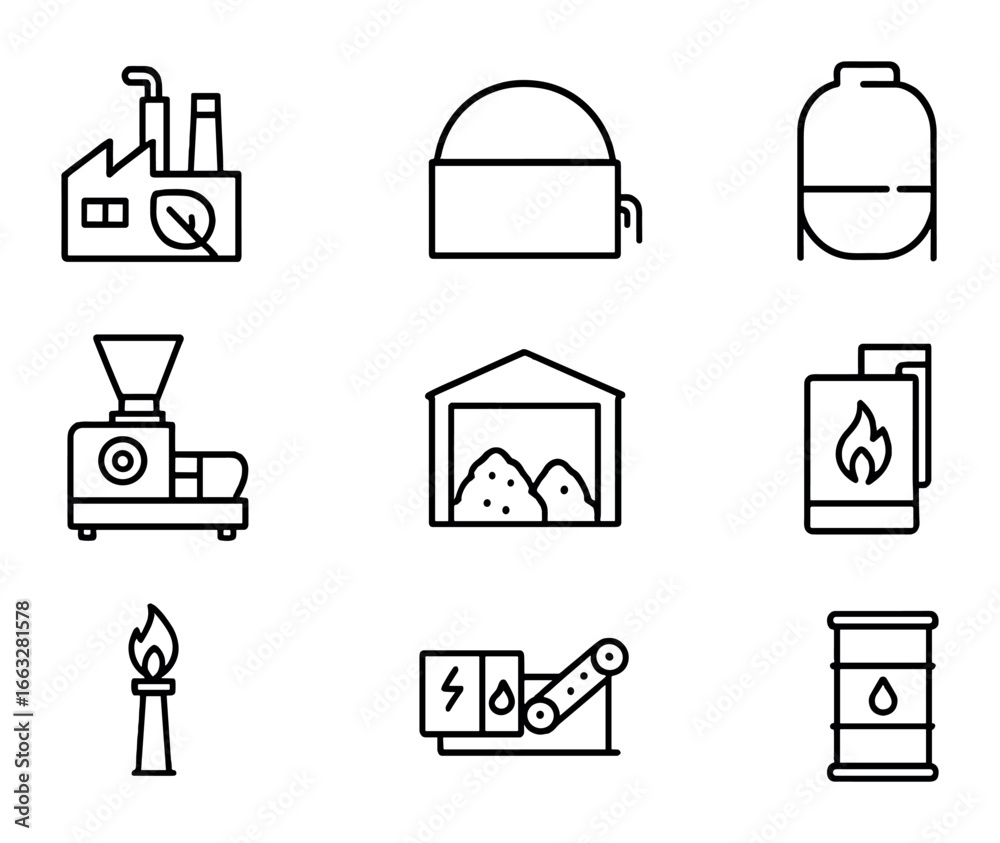 Biomass Icons Grid. Outline icon set of biomass and bioenergy: biomass ...