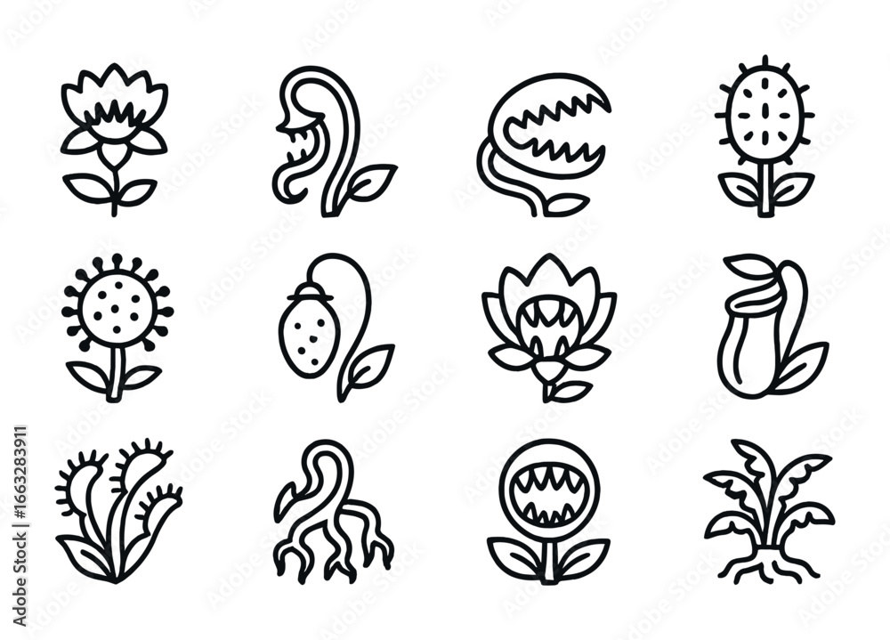 Carnivorous Flora Icons. Outline icon set of carnivorous flora ...