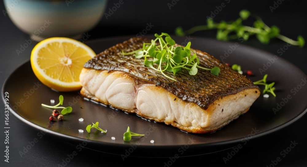 Pan-Seared Sea Bass Fillet with Crispy Skin Served with Lemon Slice ...
