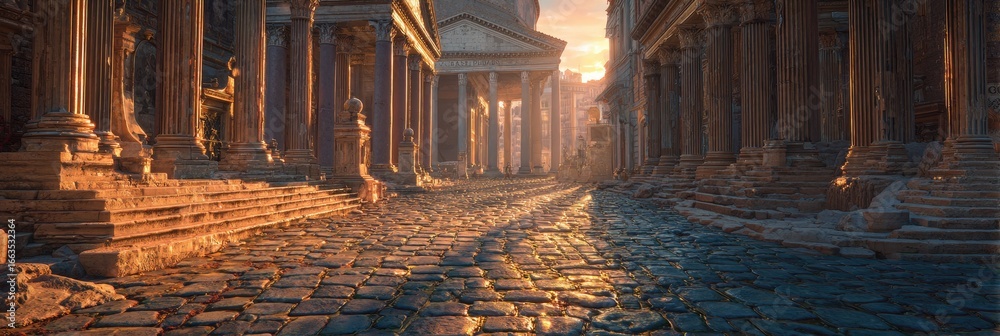 Ancient Roman street at dawn. Sunrise illuminates a cobblestone street ...