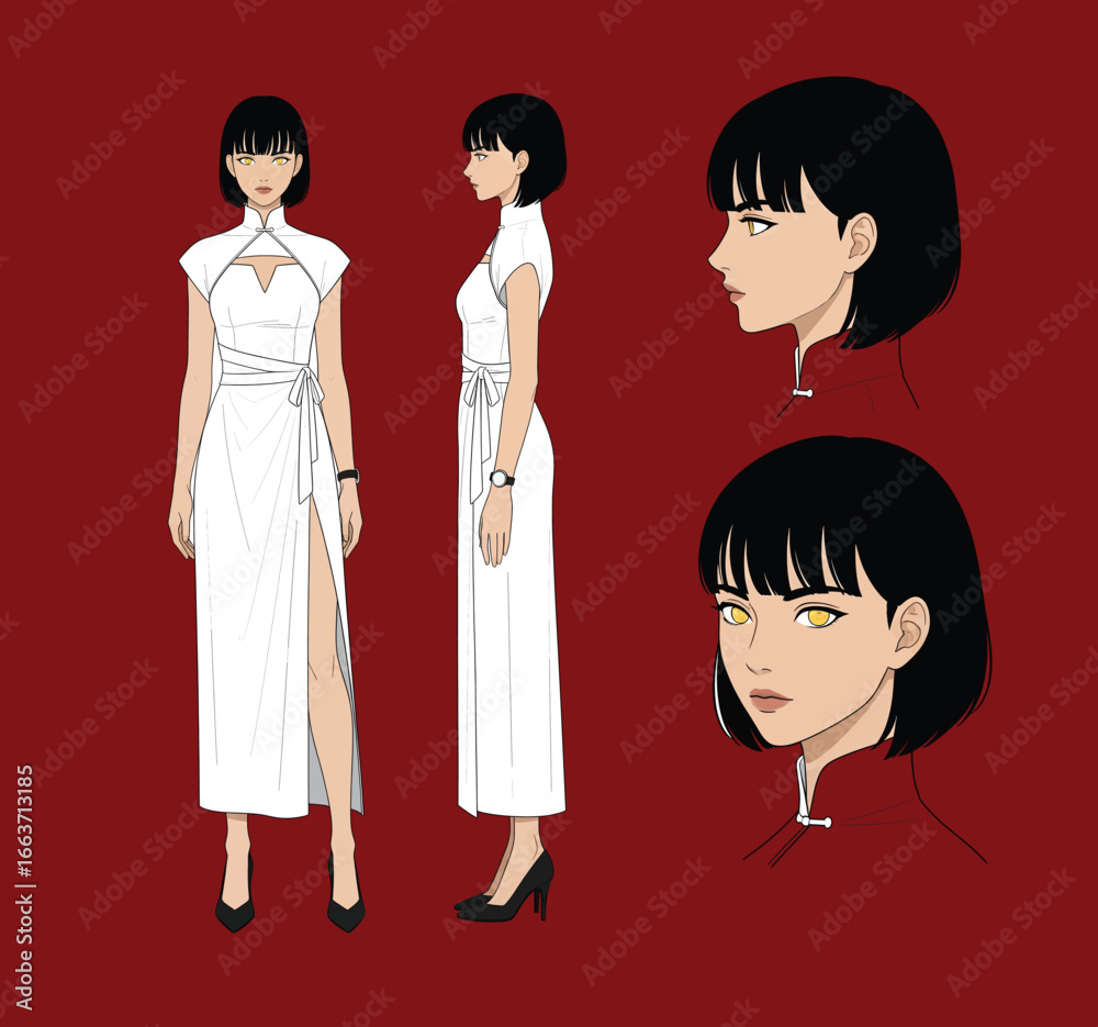 Anime Girl in Modern Cheongsam Dress, Elegant Character Sheet Stock ...