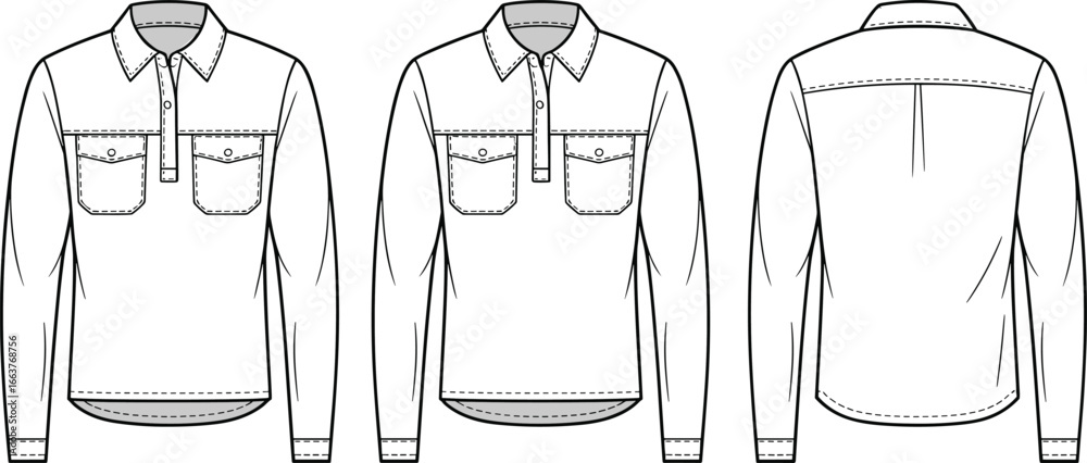 Image vectorielle Stock Long sleeve shirt front back view, detailed ...
