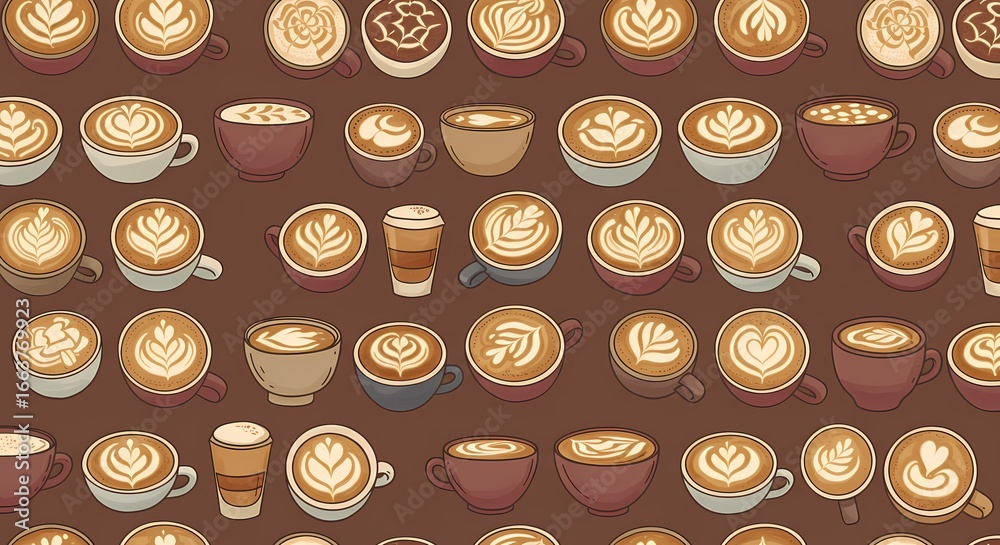 Seamless pattern of beautifully crafted latte art designs in various ...