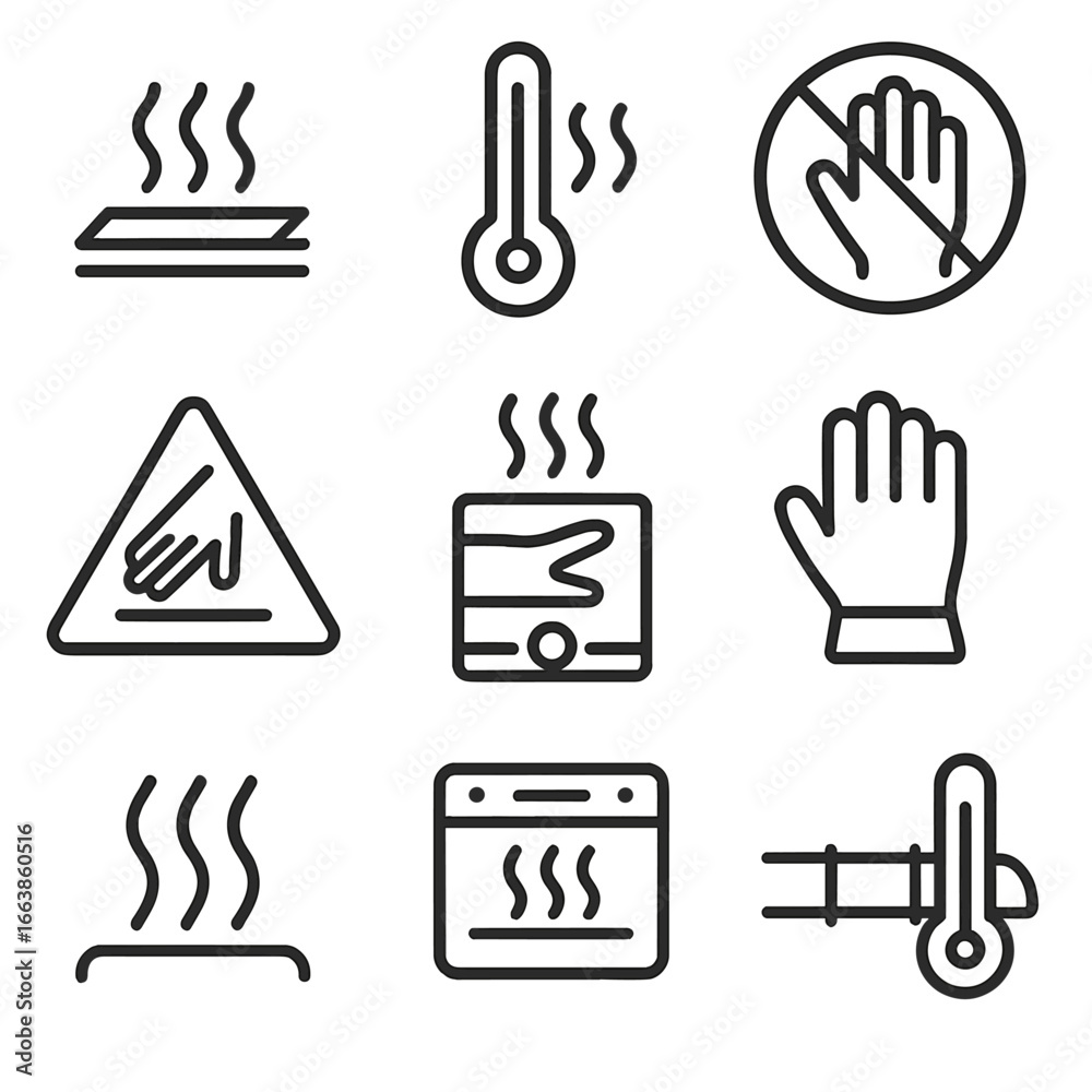Heat Hazard Icons. Line style icons of heat and burn hazard symbols ...