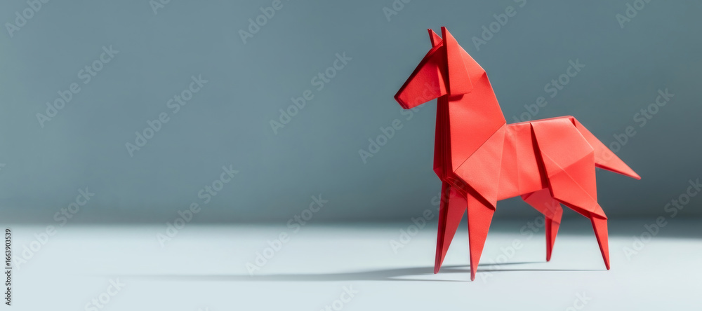Red origami horse figure. Traditional paper art craft. Symbol of luck ...